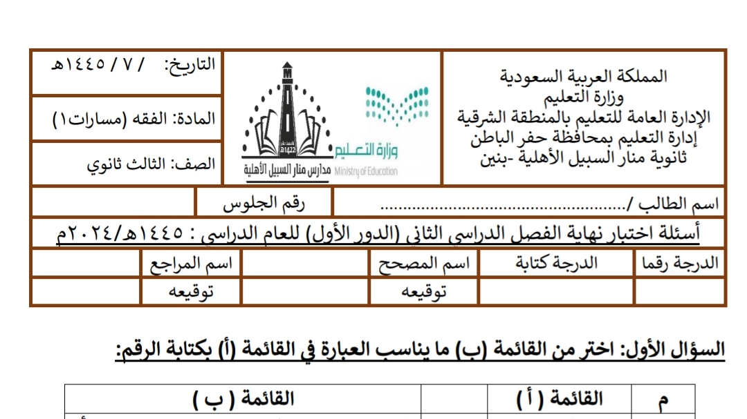 اختبار نهائي الفقه ثالث ثانوي الفصل الثاني مسارات ف2 الفصل الثاني 1445